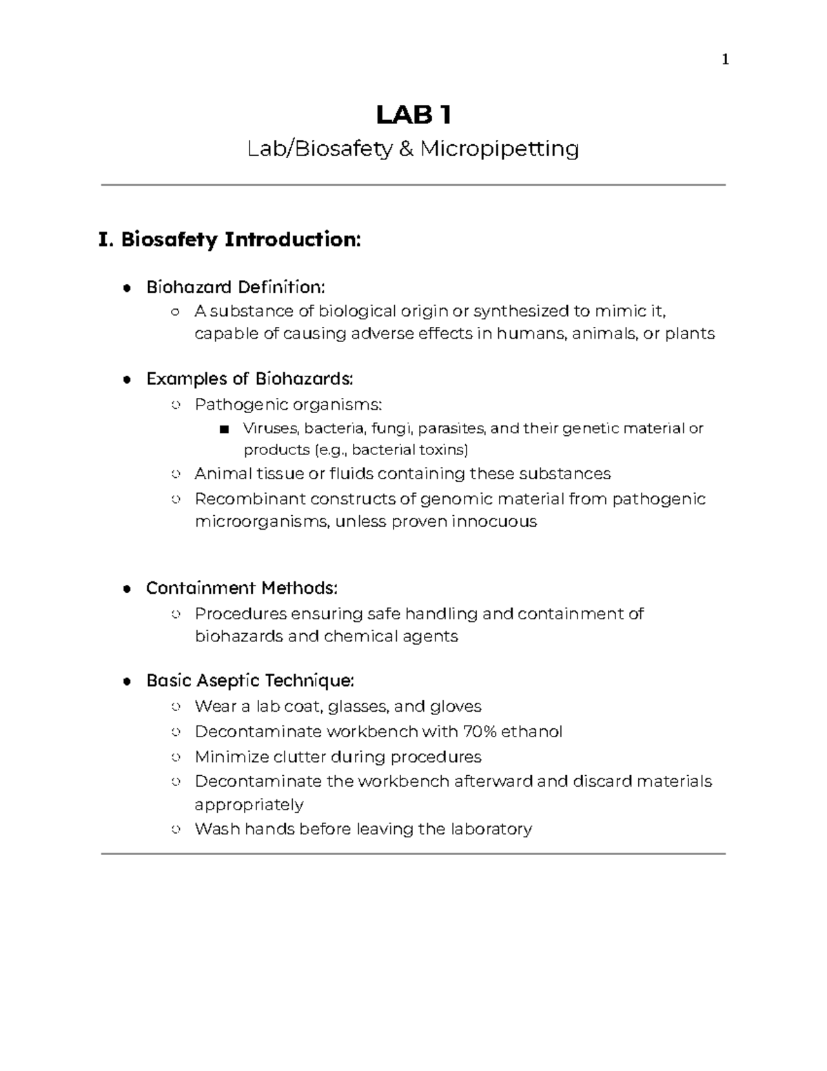 BSC 486L: Midterm Notes - LAB 1 Lab/Biosafety & Micropipetting I ...