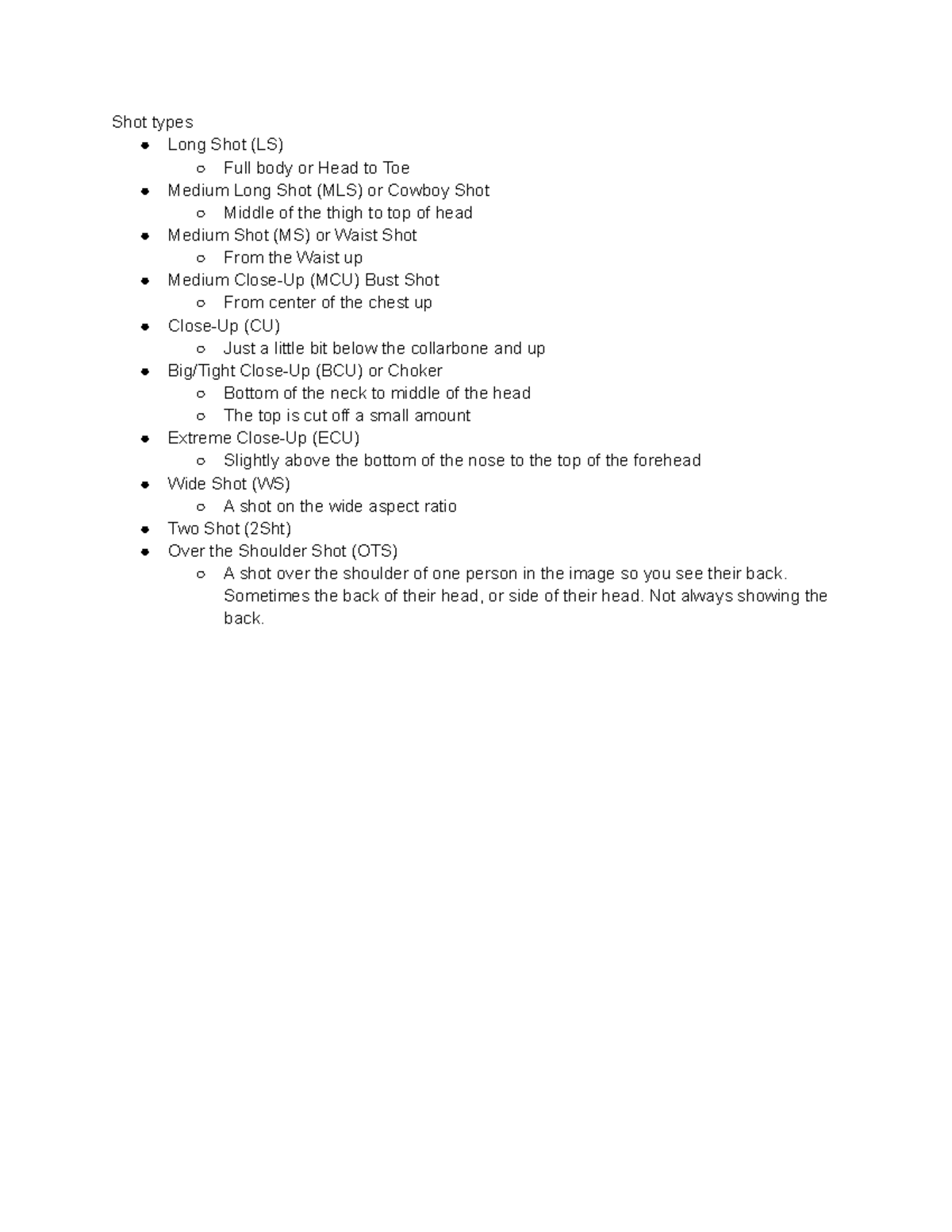 Quick reference for Shots - Shot types Long Shot (LS) Full body or Head ...