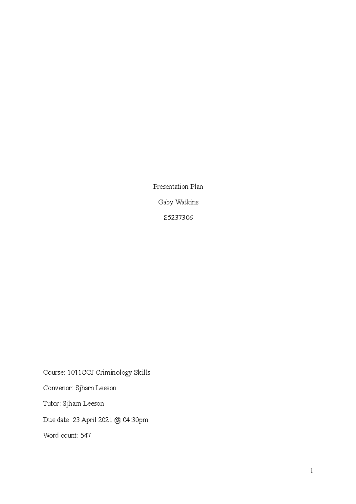 Draft Presentation Plan - Presentation Plan Gaby Watkins S Course ...