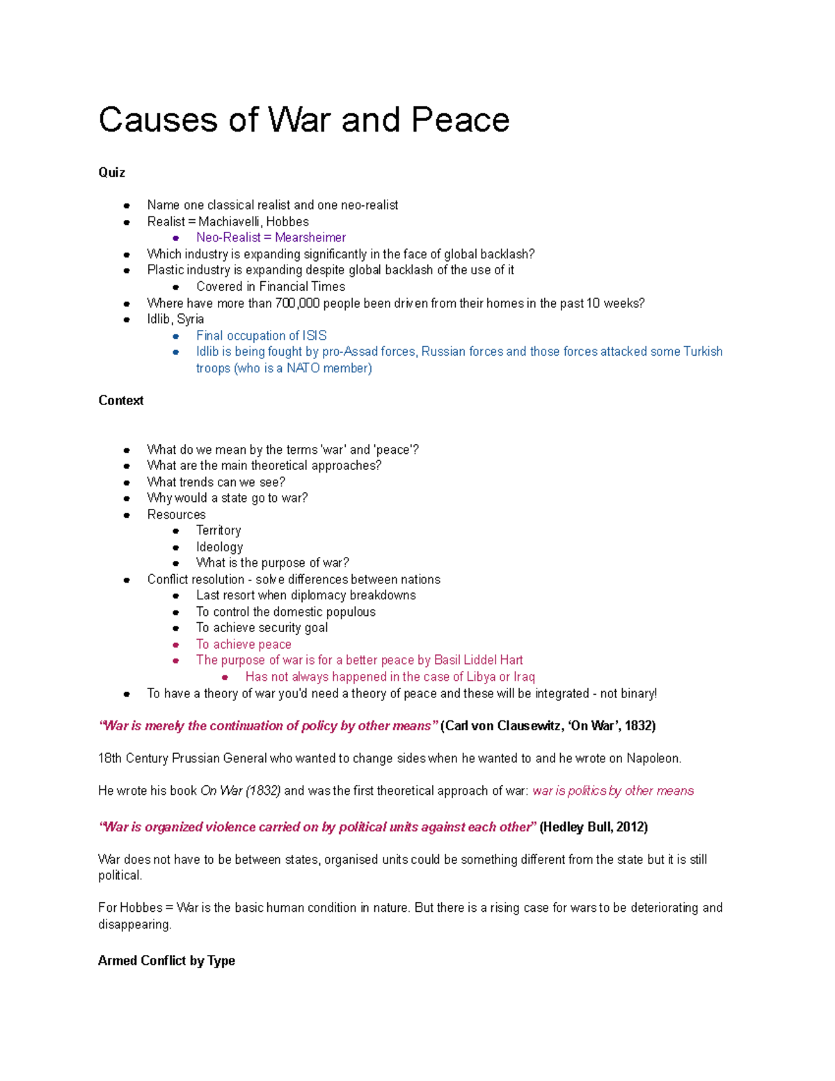 Causes of War and Peace - Lecturer: Steve Chisnell - Causes of War and ...