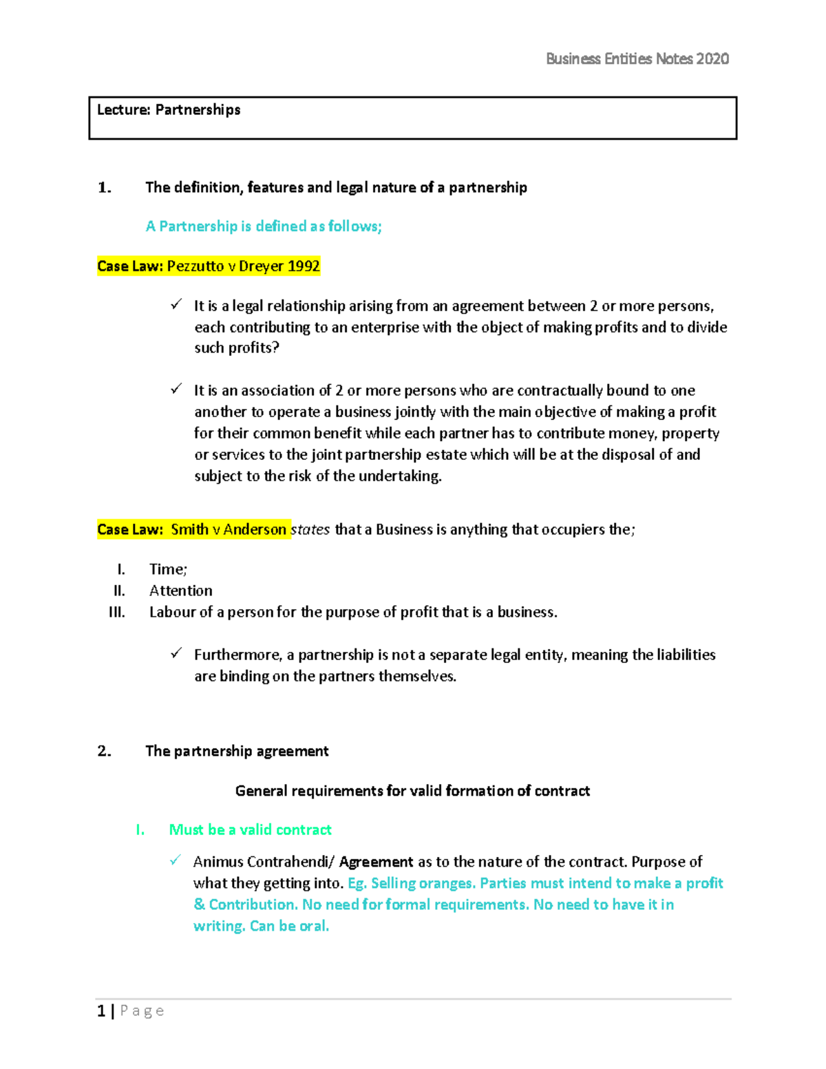 Business Entities - Partnership Notes 2020 - Lecture: Partnerships 1 ...