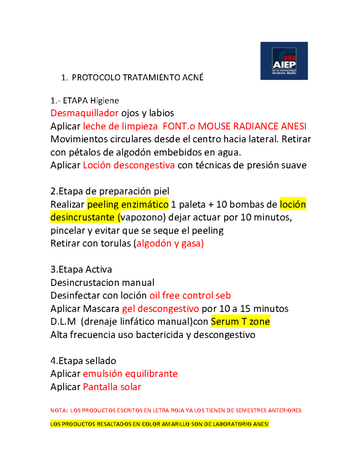 Tratamiento acne y dlm - Preparación - 1. PROTOCOLO TRATAMIENTO ACN... 1.- ETAPA Higiene - Studocu
