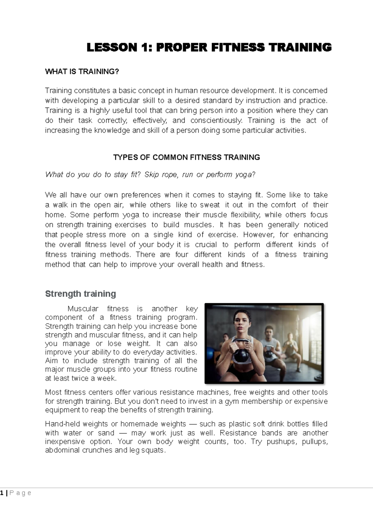 PE2 Module Lesson 1 - LESSON 1: PROPER FITNESS TRAINING WHAT IS ...