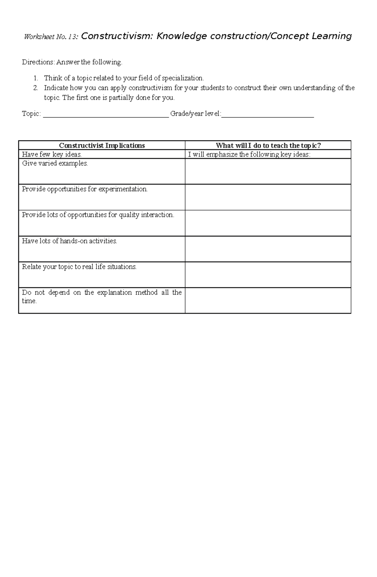 Worksheet number 13 - Worksheet No. 13: Constructivism: Knowledge construction/Concept Learning ...