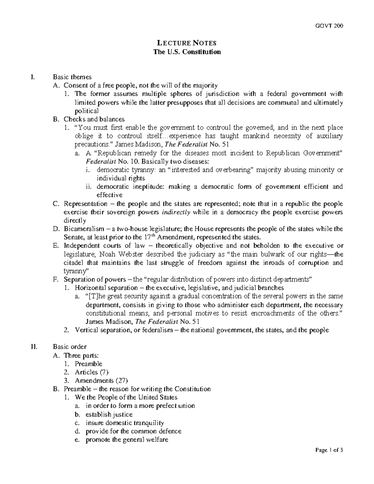 Lecture Notes Outline of the U S Constitution - GOVT 200 Page 1 of 3 ...