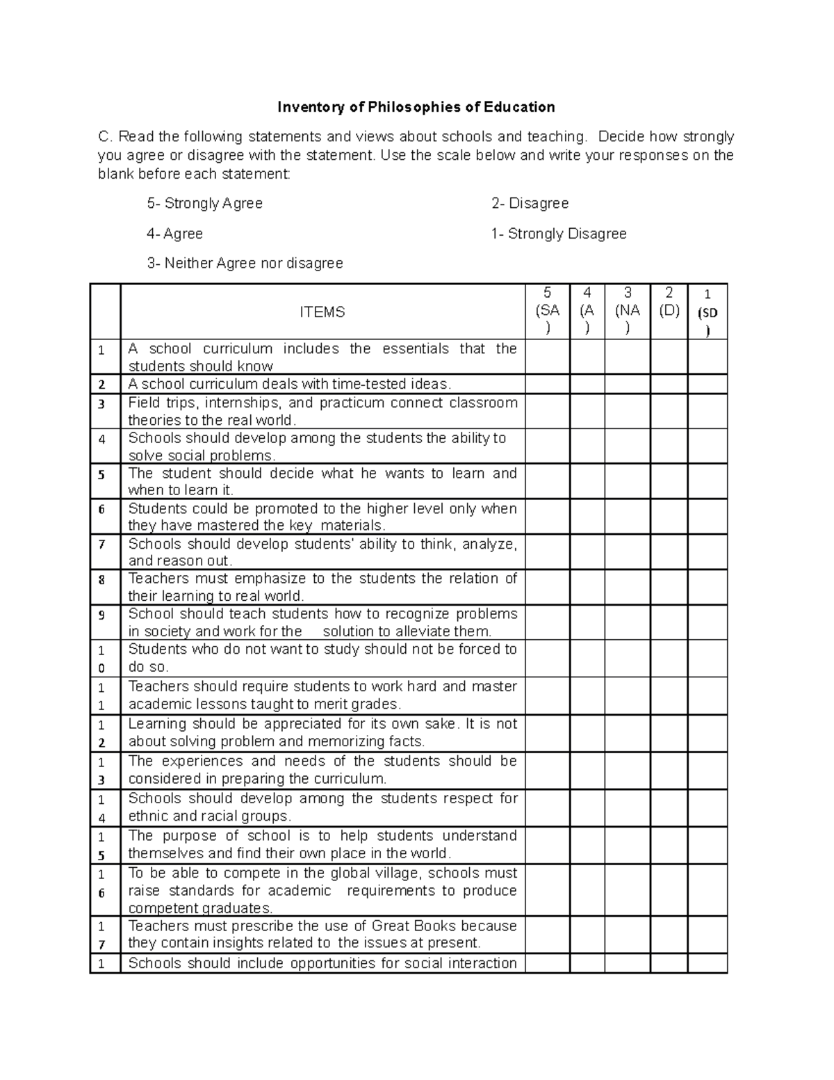 Philosophy Inventory Checklist - Inventory of Philosophies of Education ...