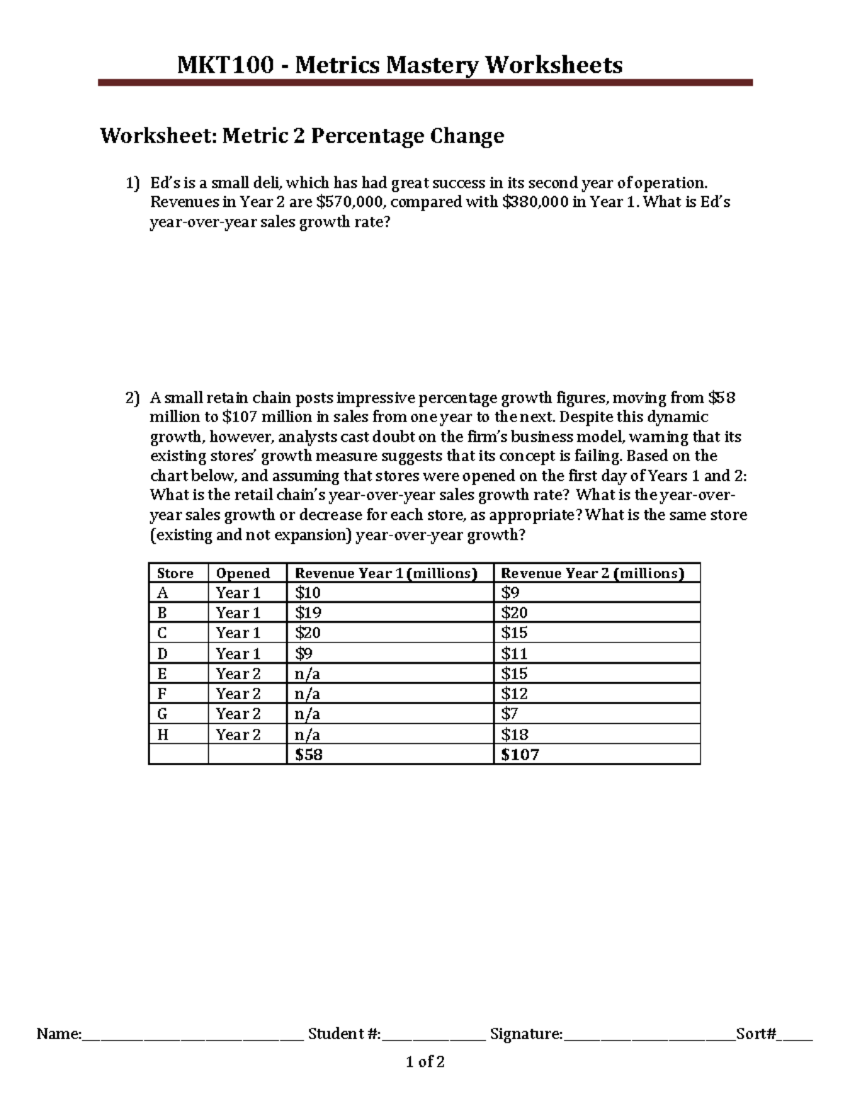 Metrics 2 Mastery Worksheets - Handout - MKT100 - Metrics Mastery ...