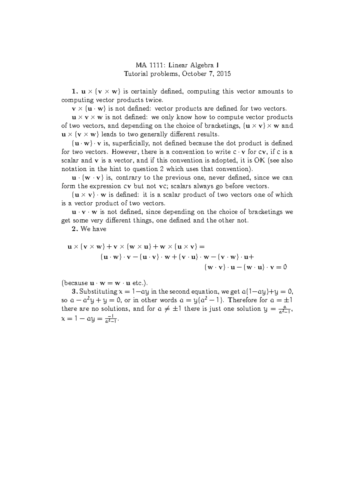 MA1111 2015-2016 Tutorial 1 - Solutions - MA 1111: Linear Algebra I ...