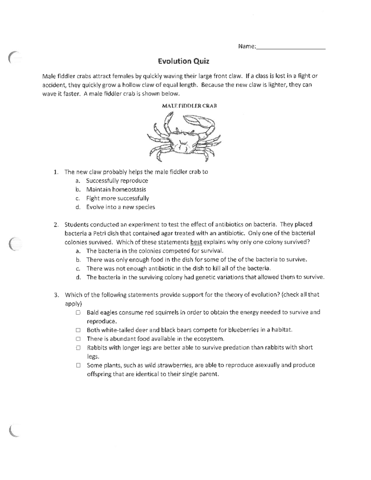 11 Evolution (crab) Quiz - Studocu