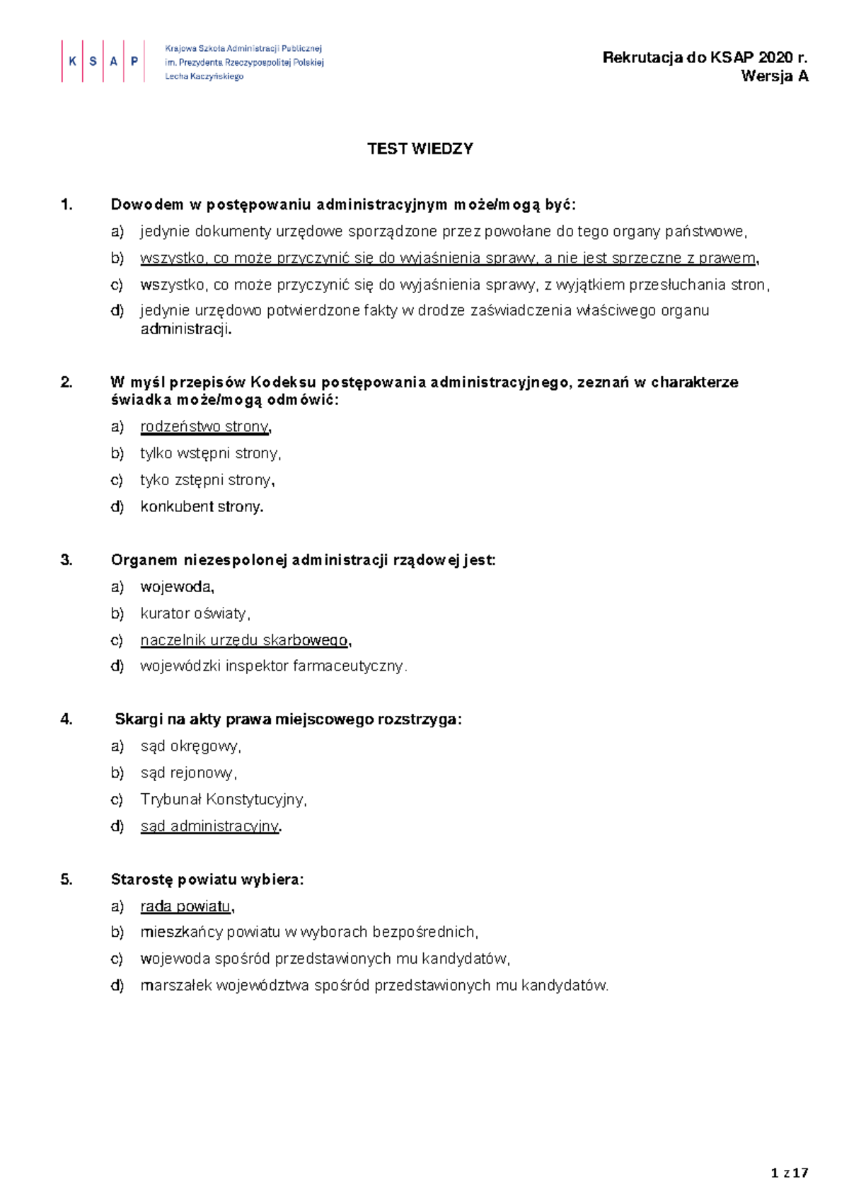 Test wiedzy rekrutacja 2020 - Wersja A TEST WIEDZY Dowodem w ...