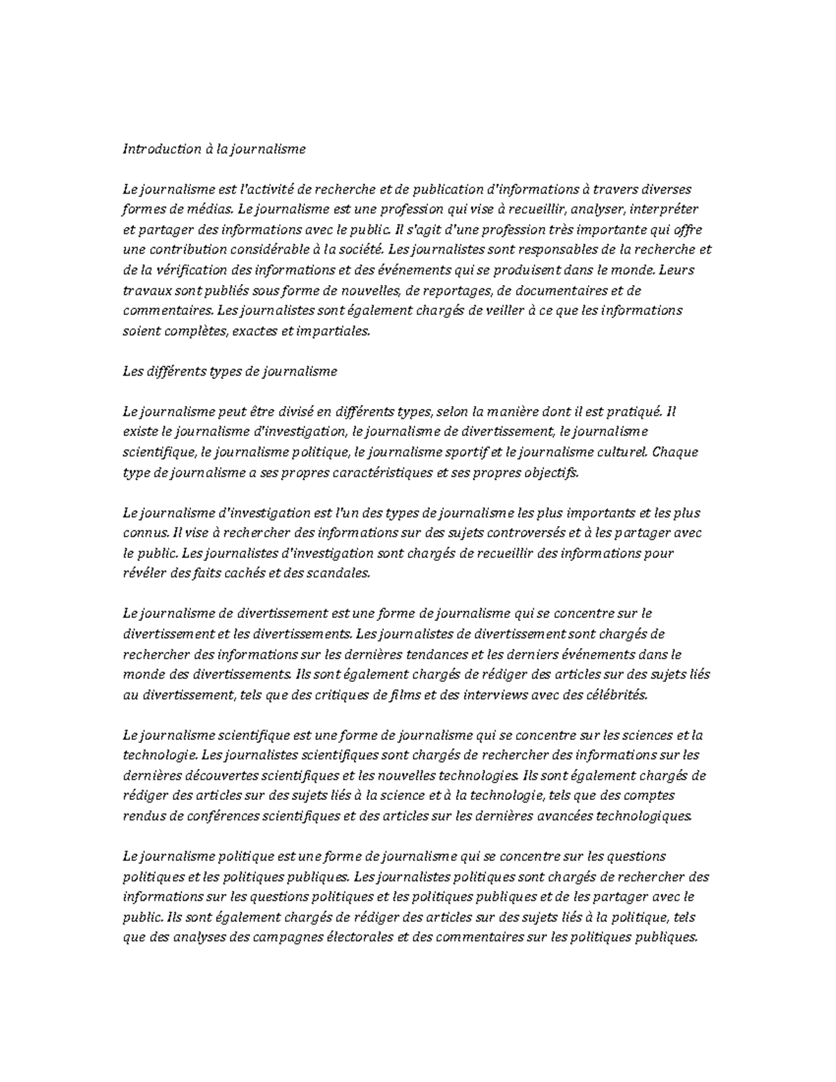 Journalism note study - Introduction à la journalisme Le journalisme ...