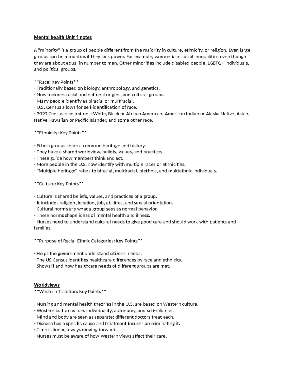 Unit 1 study guide - Mental health Unit 1 notes A "minority" is a group ...