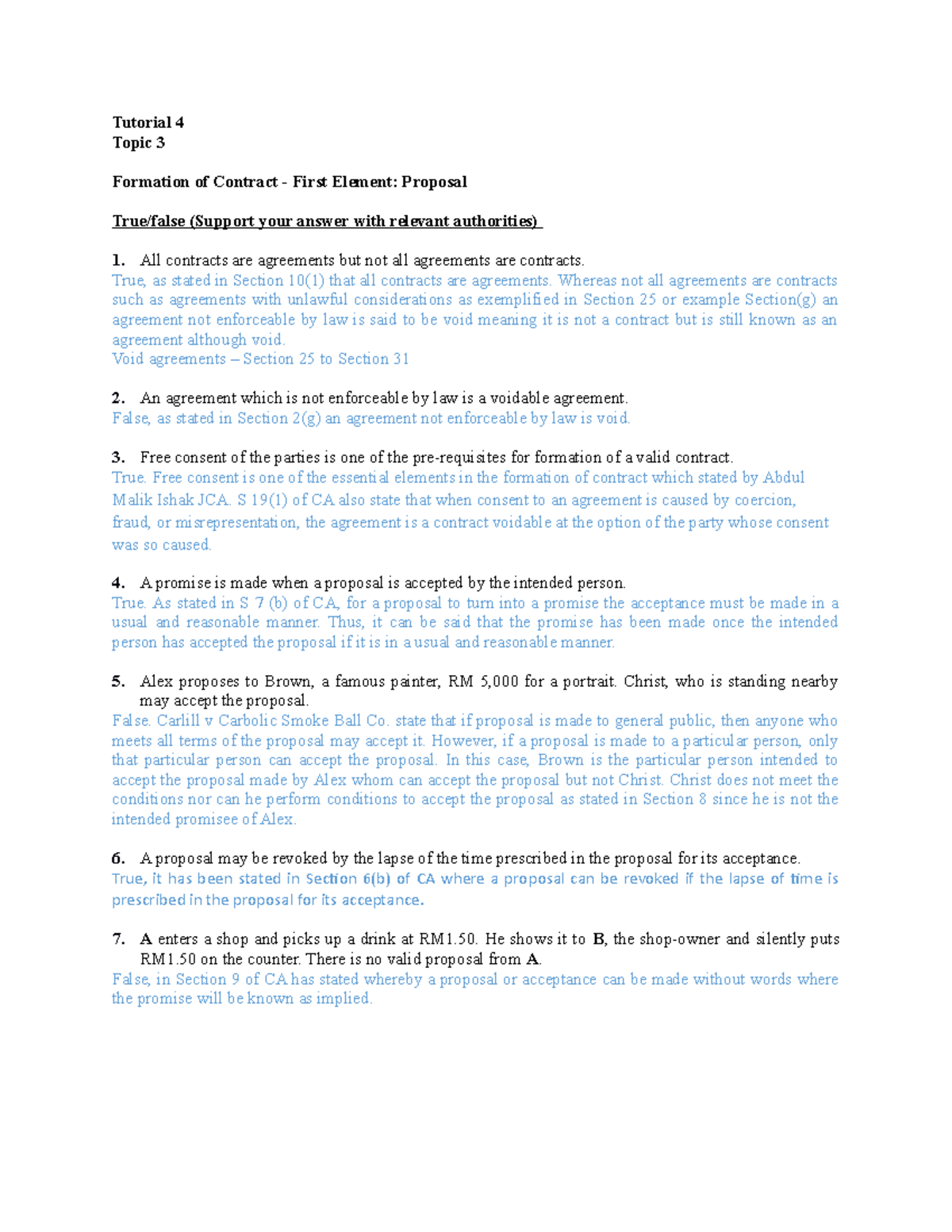 GPOL Tutorial 4 Questions - Tutorial 4 Topic 3 Formation of Contract - First Element: Proposal ...