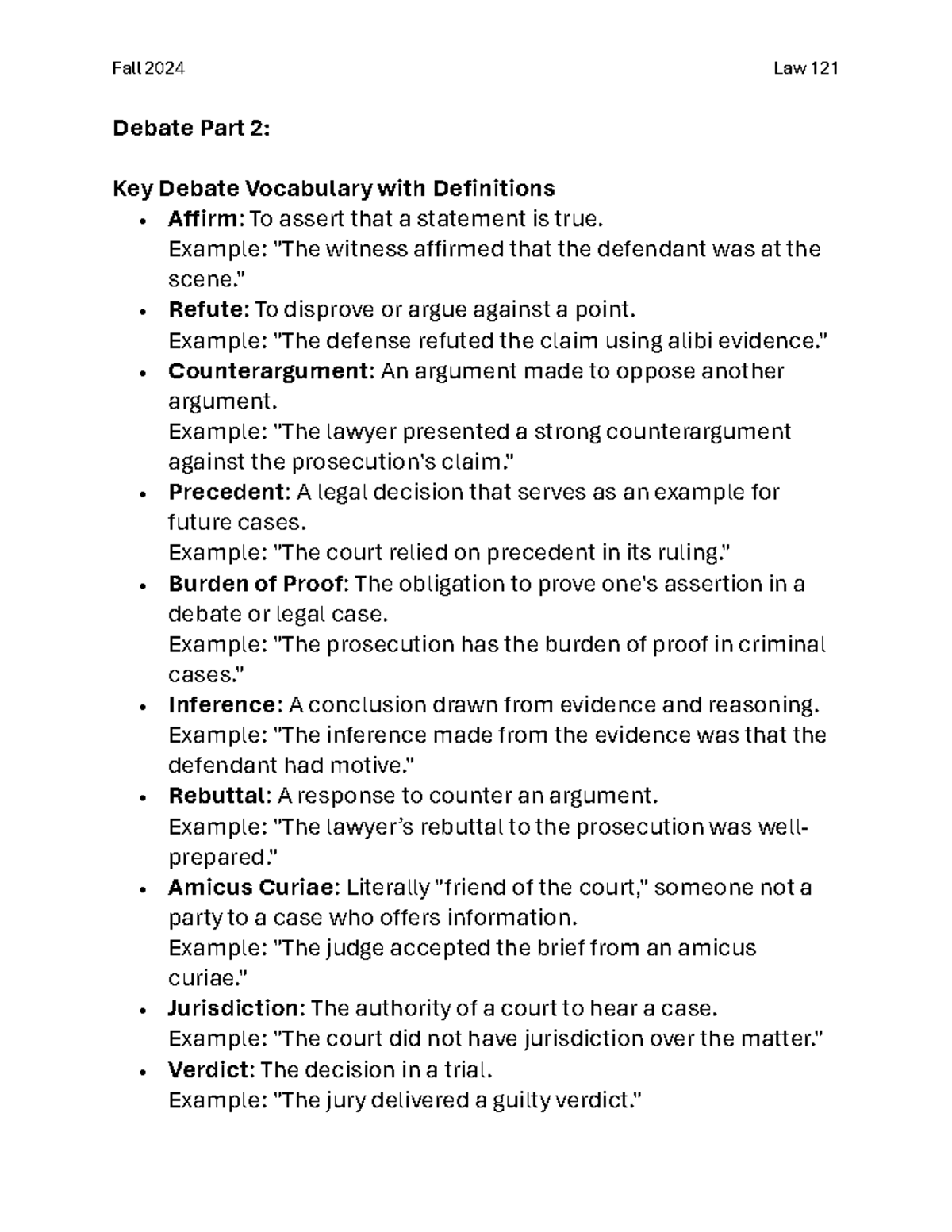 Debate Vocabulary and Definitions - Fall 2024 Law 121 Debate Part 2 ...