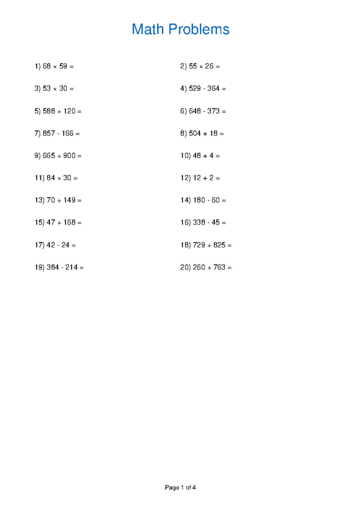 Ro7eg9fh26 - math problem - 1) 68 × 59 = 2) 55 × 26 = 3) 53 × 30 = 4 ...
