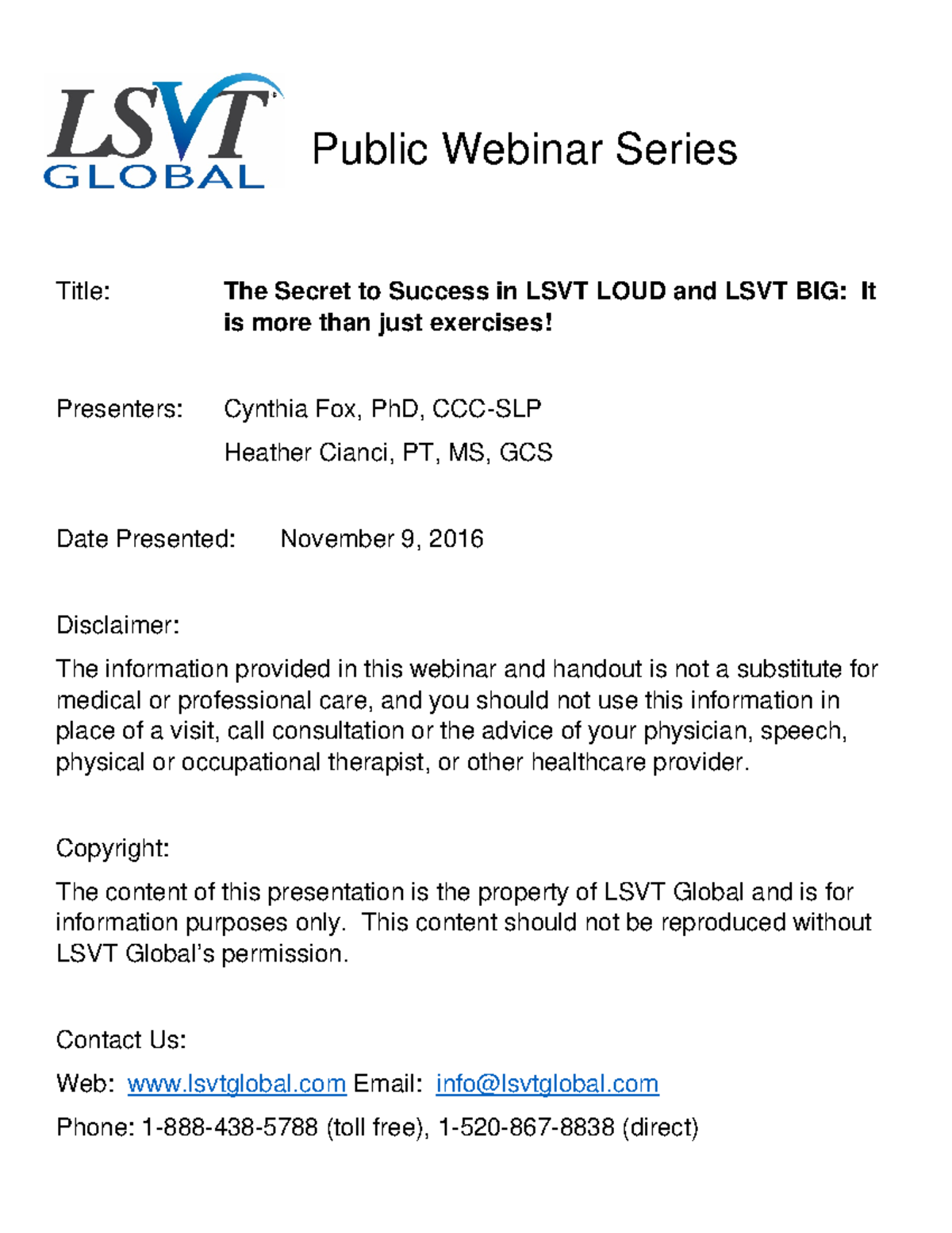 Public Webinar Handout The Secret to Success in LSVT LOUD and LSVT BIG ...
