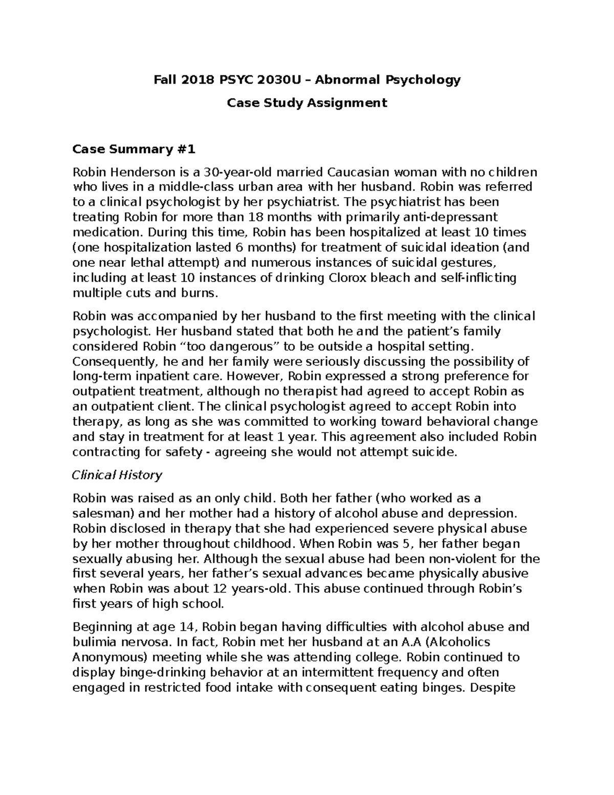 Psyc2030 Fall 2018 Assignment Detals and Case Studies - Fall 2018 PSYC ...