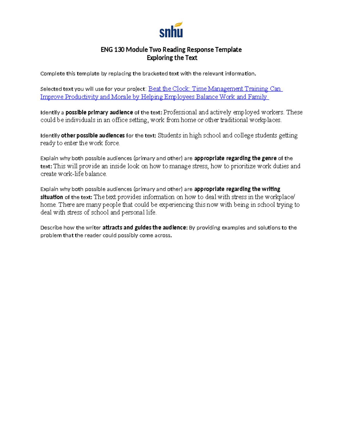 ENG 130 Module Two Reading Response 2 - Selected text you will use for your project: Beat the ...