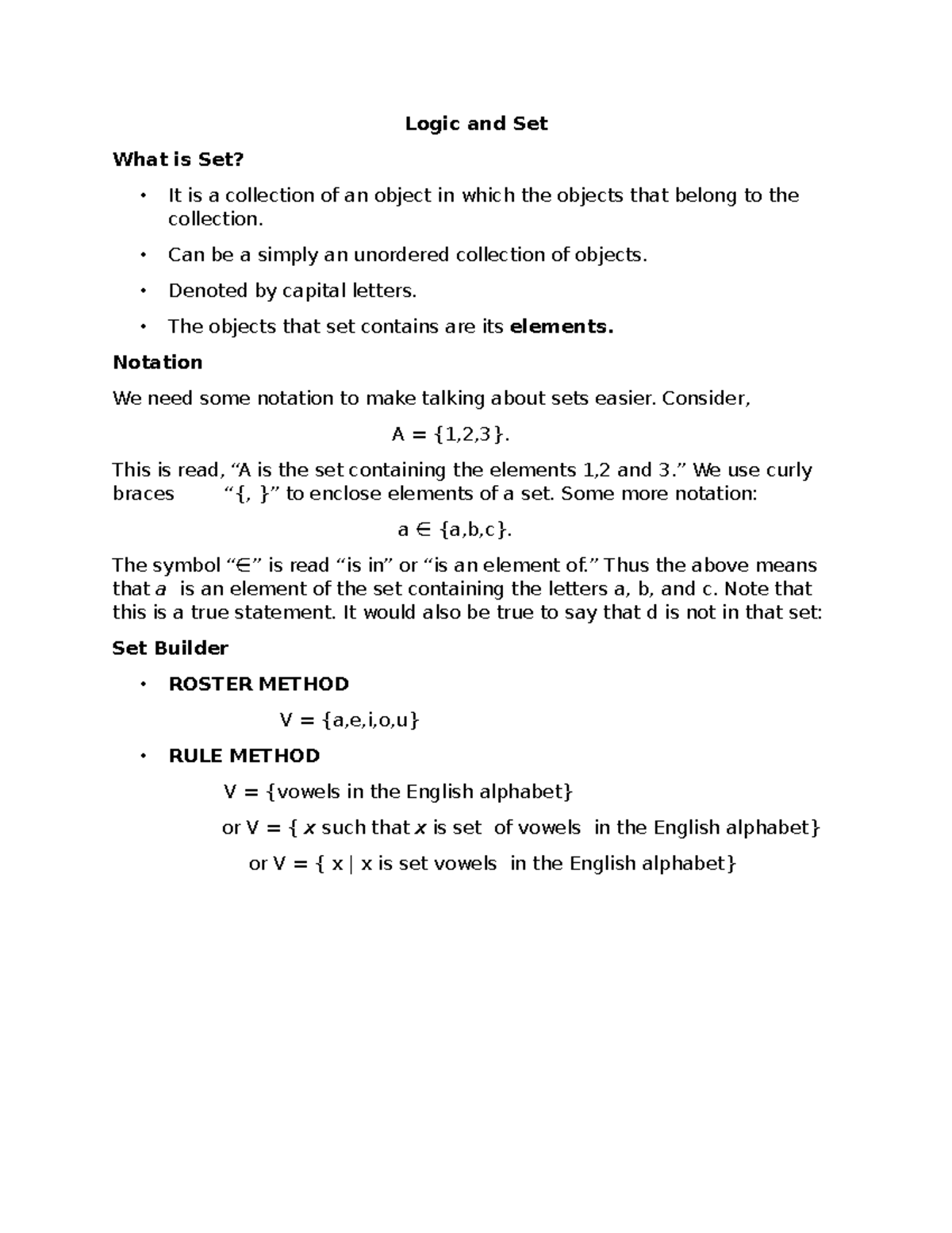 Logic and Set - • It is a collection of an object in which the objects ...
