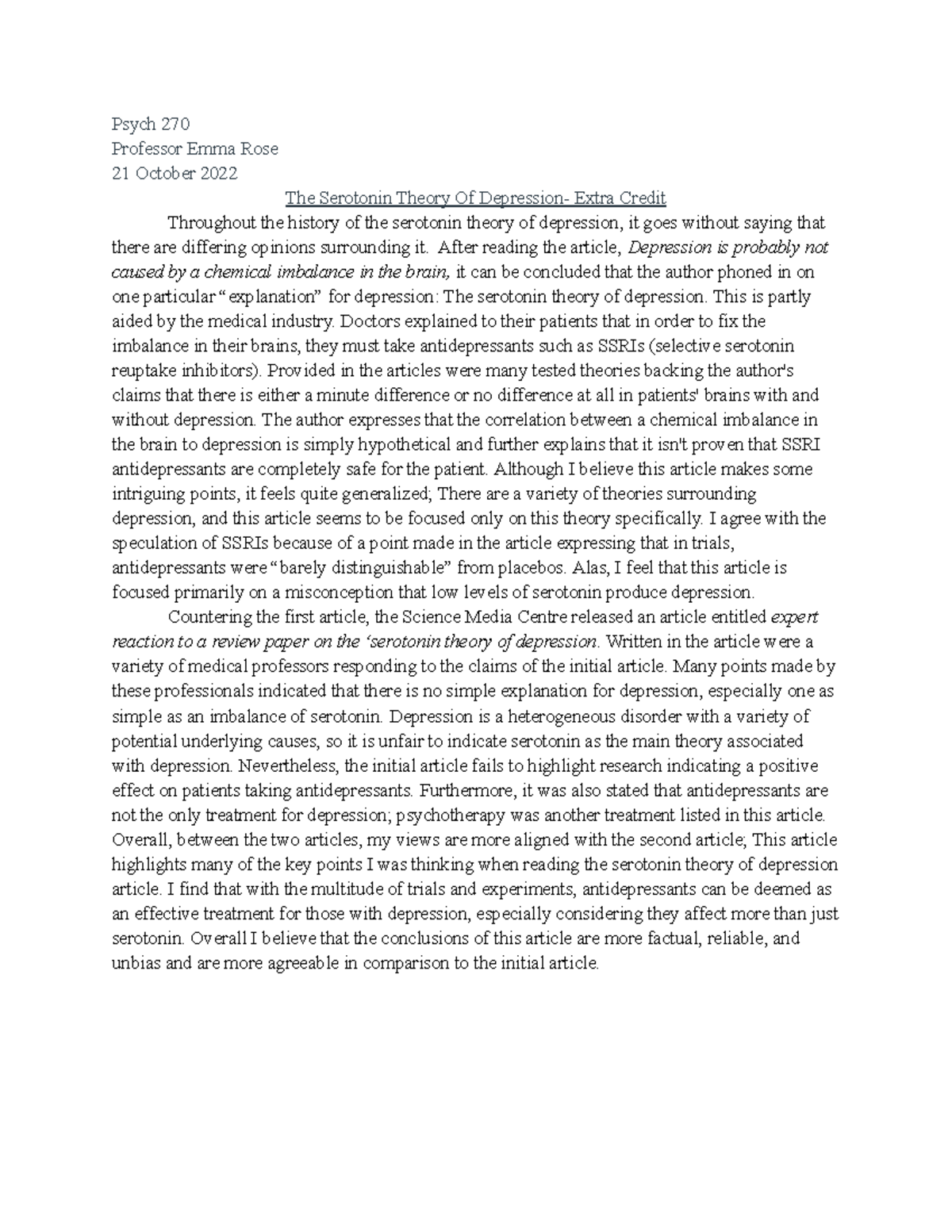 The Serotonin Theory Of Depression- Extra Credit - Psych 270 Professor ...
