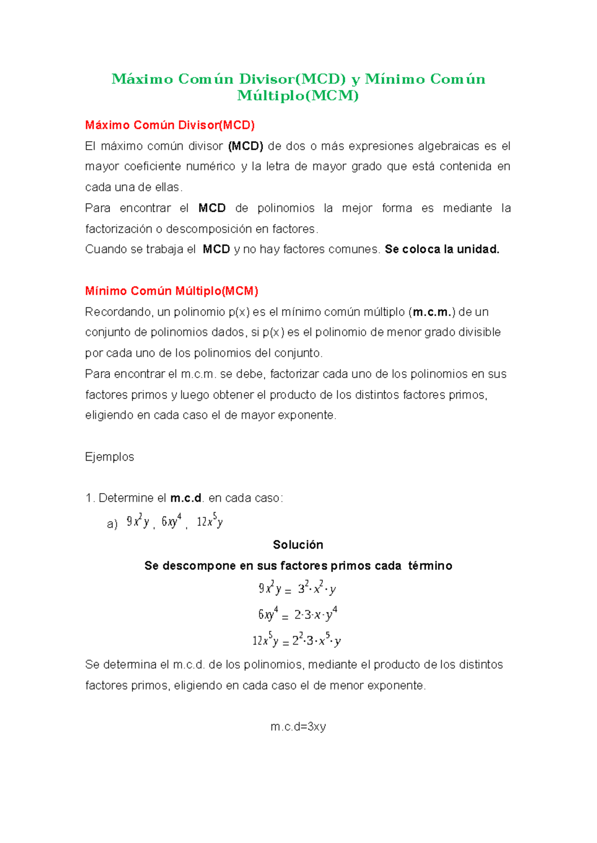 Unidad MCD y MCM - MCD álgebra y geometría - Máximo Común Divisor(MCD ...