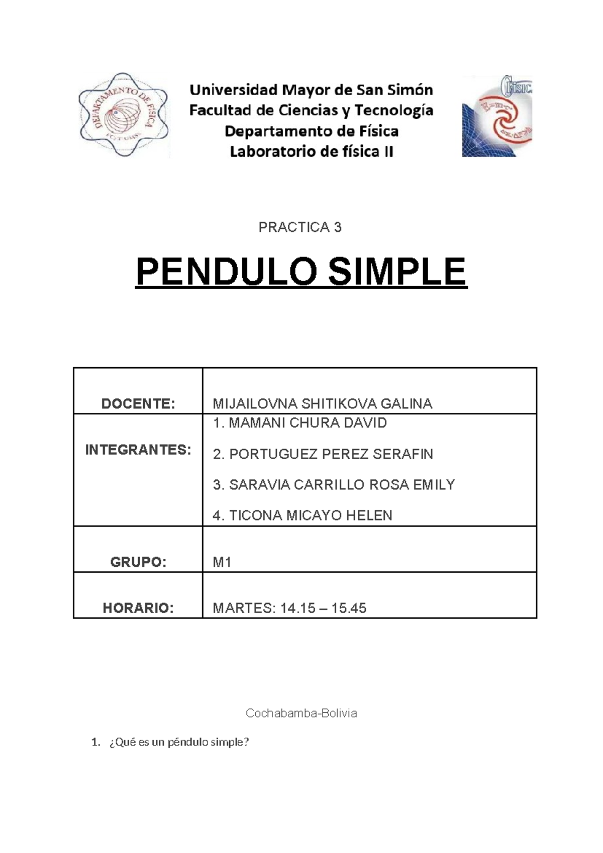 Practica 3 Pendulo Simple - PRACTICA 3 PENDULO SIMPLE DOCENTE: MIJAILOVNA SHITIKOVA GALINA - Studocu