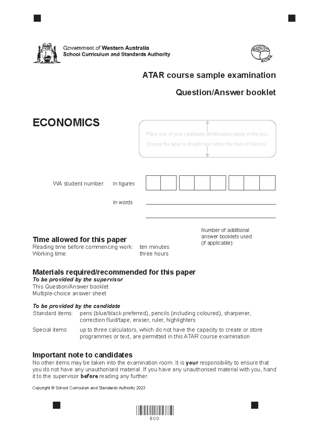 2024 ECO Sample Examination - WA student number: In figures In words ...