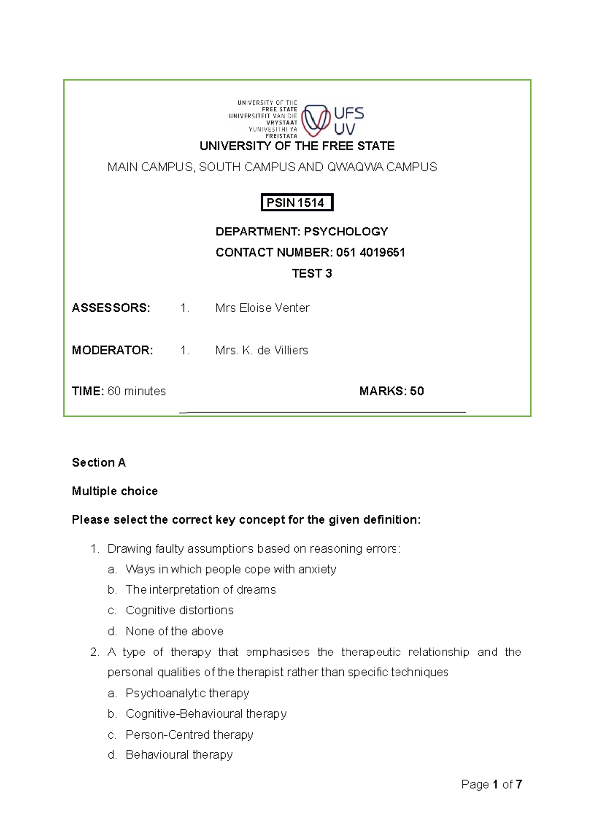Example Previous TEST - UNIVERSITY OF THE FREE STATE MAIN CAMPUS, SOUTH ...