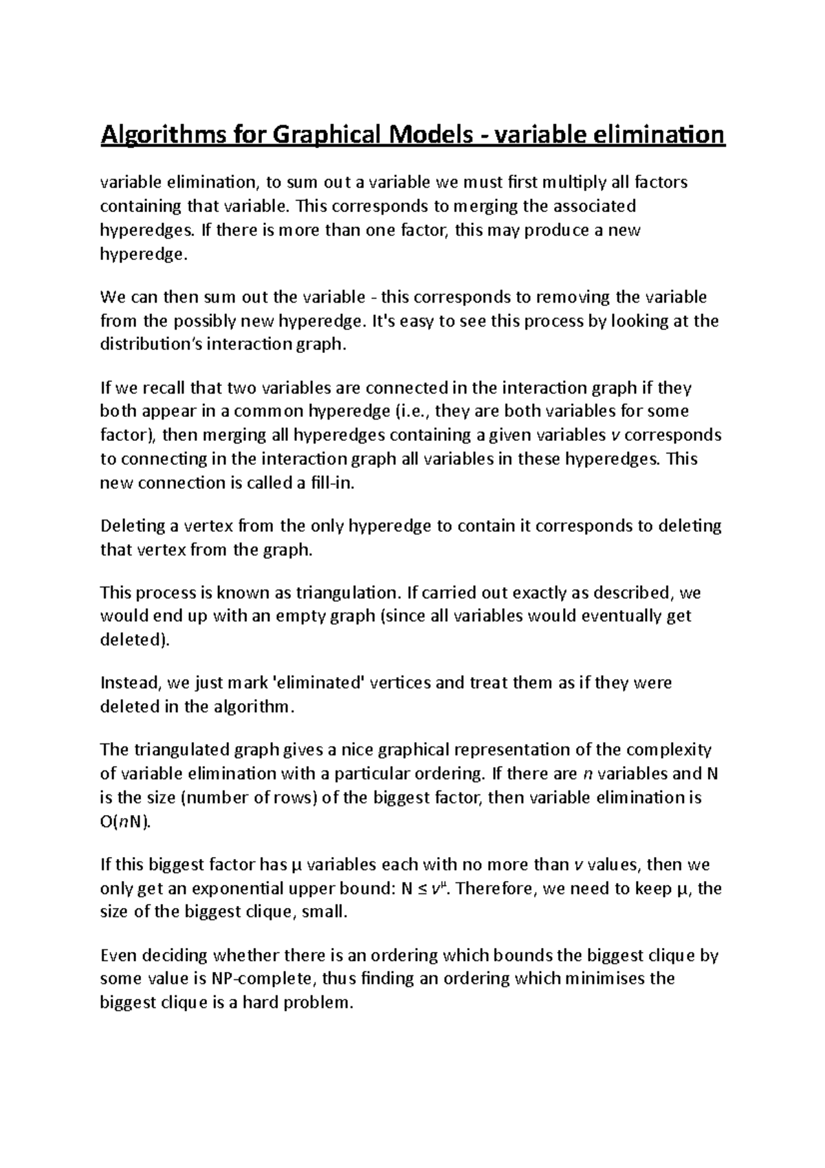 Algorithms For Graphical Models Variable Elimination This Corresponds To Merging The