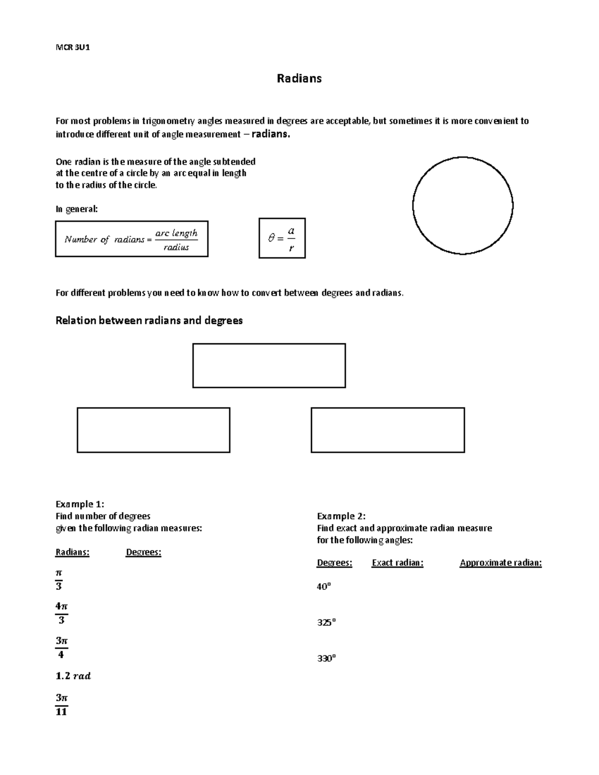 Radian - MCR 3U Radians For most problems in trigonometry angles ...