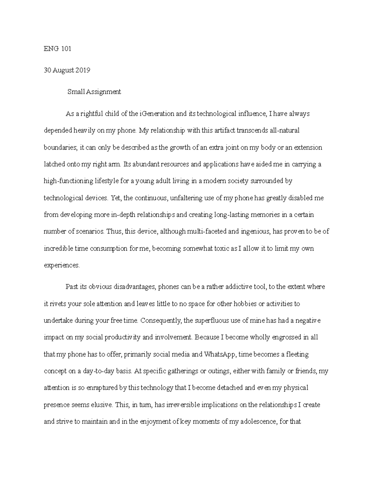 Additional Assignment - ENG 101 30 August 2019 Small Assignment As a ...