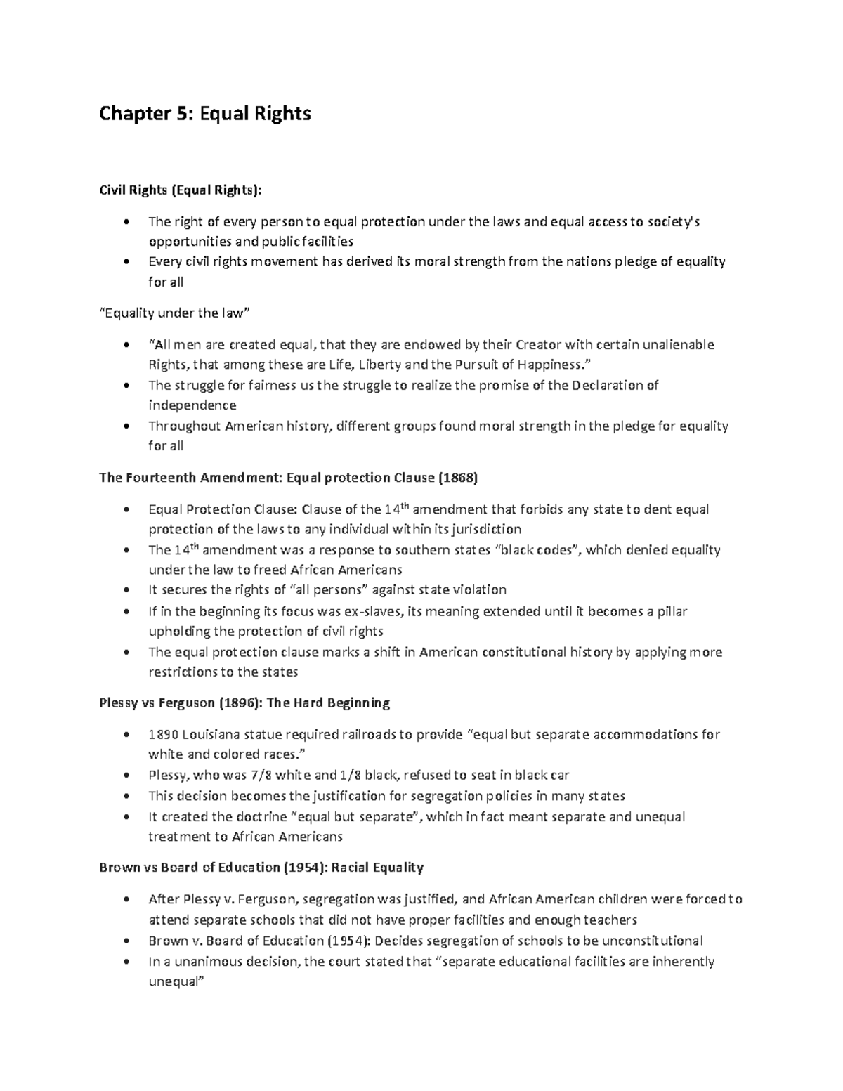 POSI Chapter 5 Notes - Chapter 5: Equal Rights Civil Rights (Equal ...