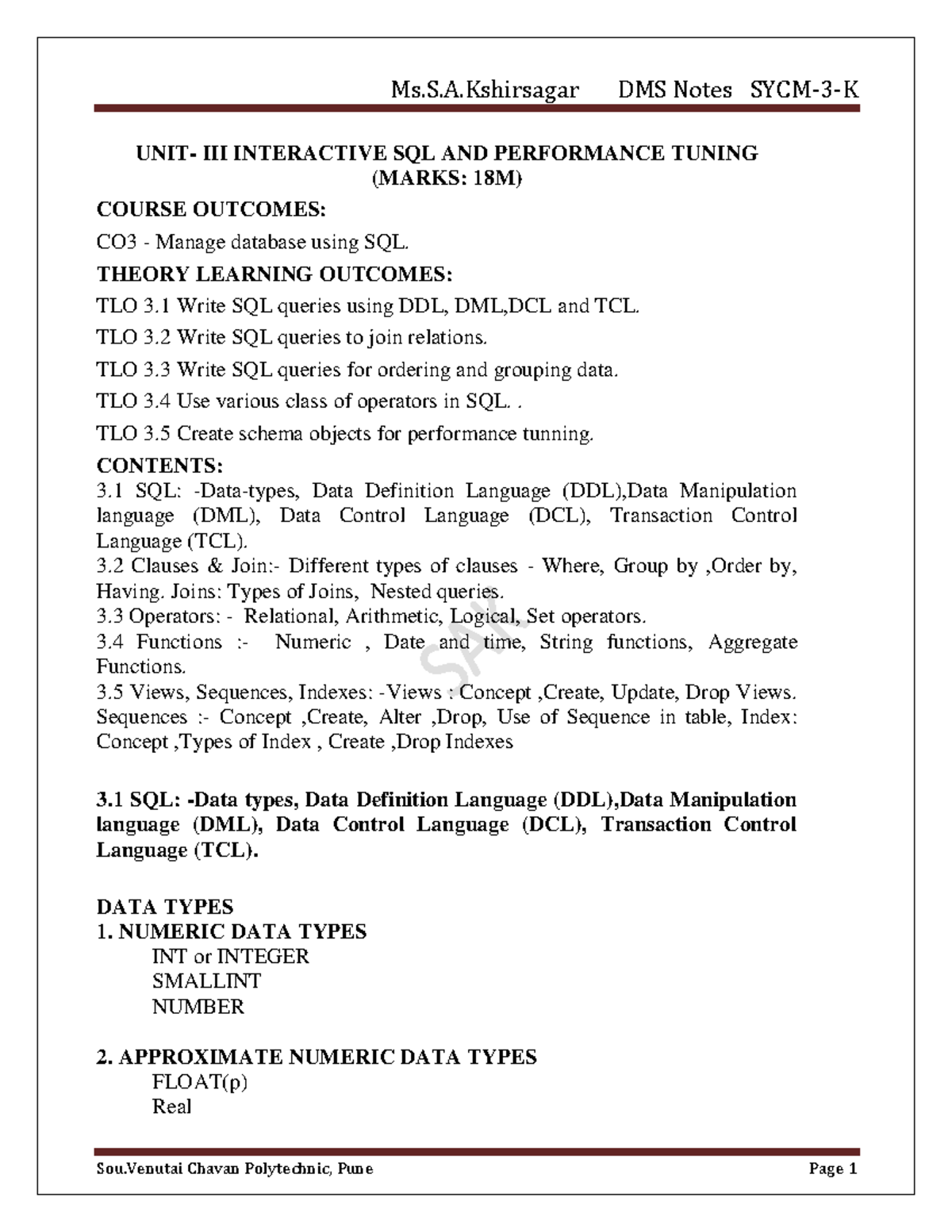 Unit 3 K half - high levellanguage - UNIT- III INTERACTIVE SQL AND PERFORMANCE TUNING (MARKS: 18 ...