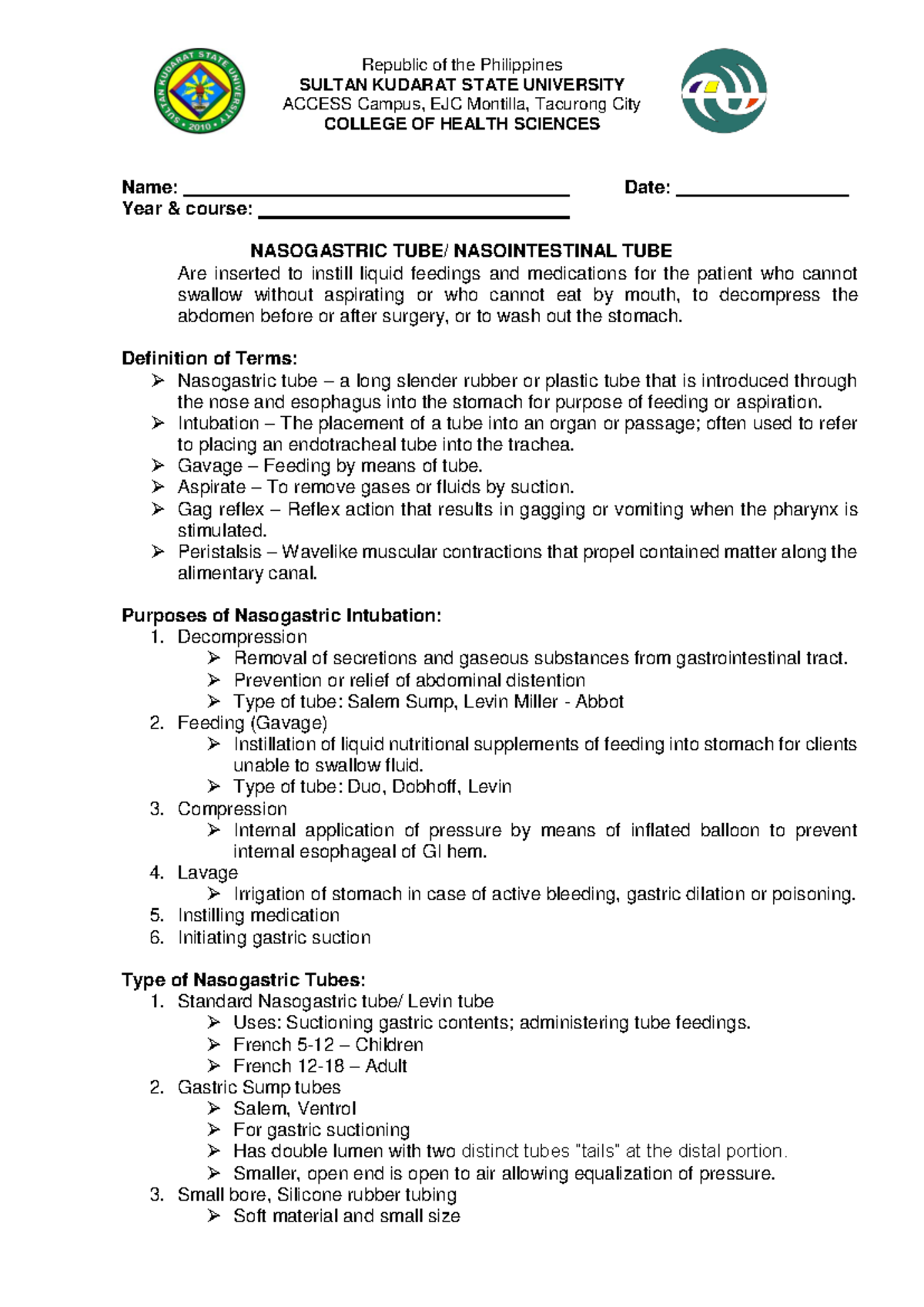 Nasogastric TUBE Related Procedures Checklists - SULTAN KUDARAT STATE ...