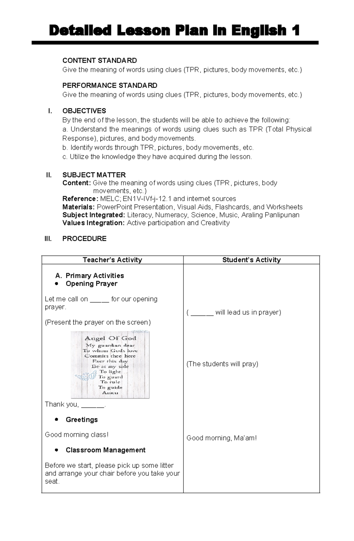 Demo grade 1 - CONTENT STANDARD Give the meaning of words using clues ...