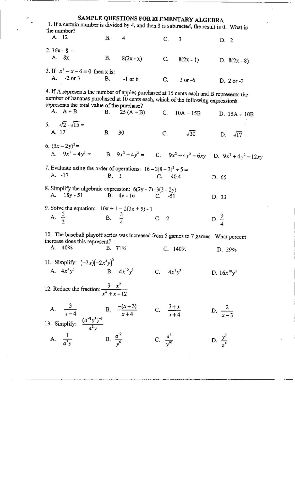 Algebra Sample Questions - SAMPLE QUESTIONS FOR ELEMENTARY ALGEBRA 1 ...