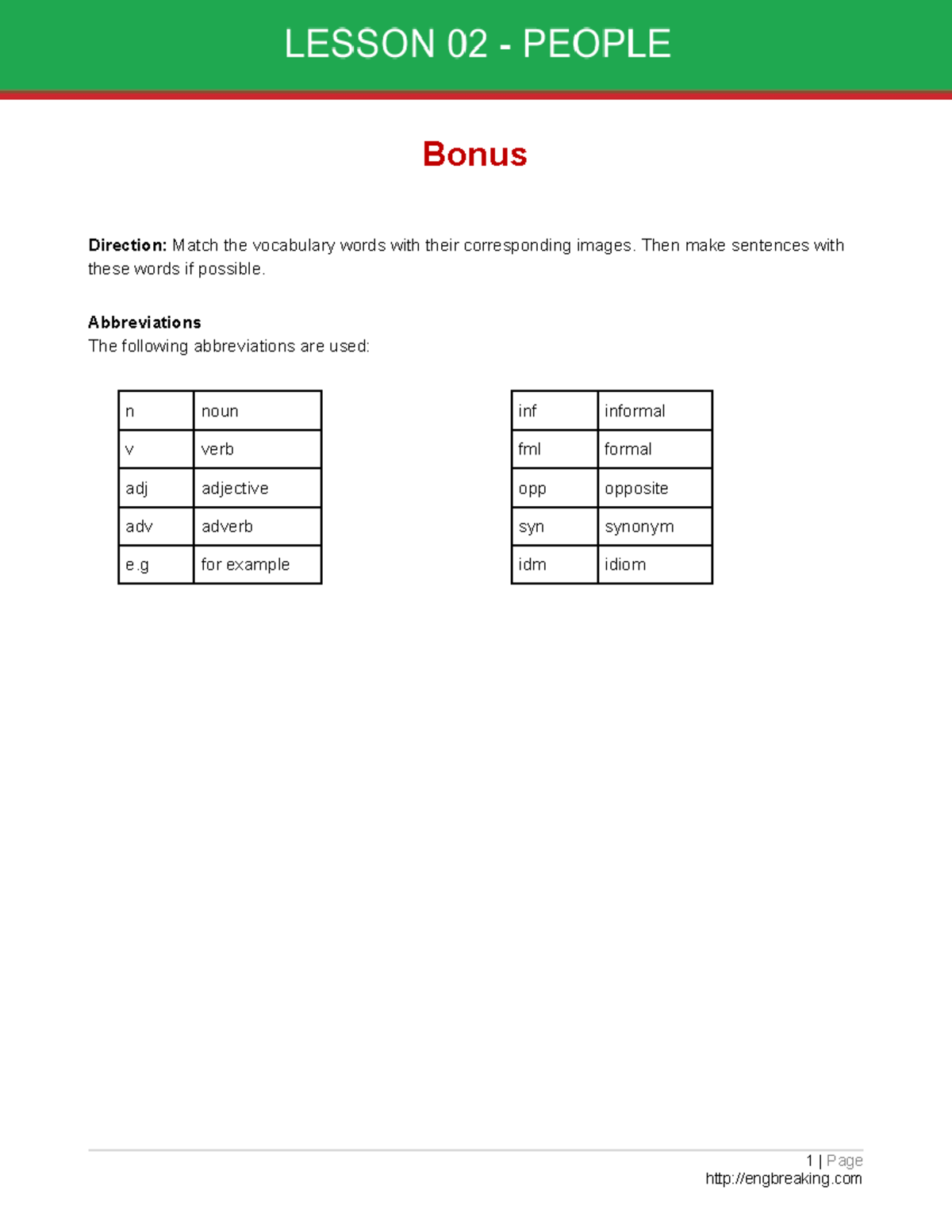 L2 - Topic 2 - Bonus Direction: Match the vocabulary words with their ...