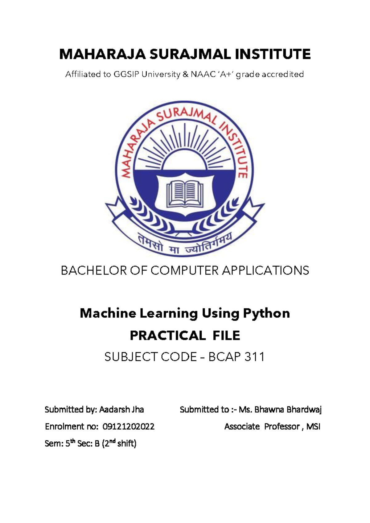 Aadarsh ML File - file - MAHARAJA SURAJMAL INSTITUTE ####### Affiliated ...