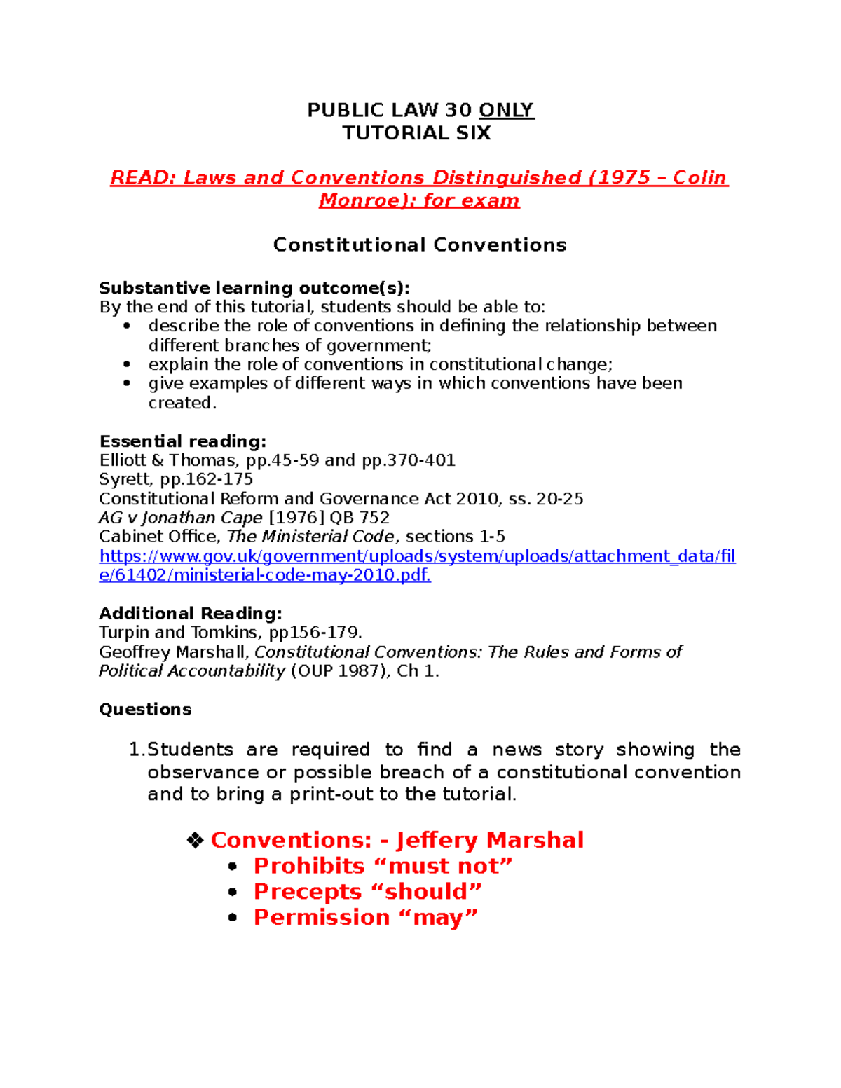 Public Law Tutorial 6 - PUBLIC LAW 30 ONLY TUTORIAL SIX READ: Laws and ...
