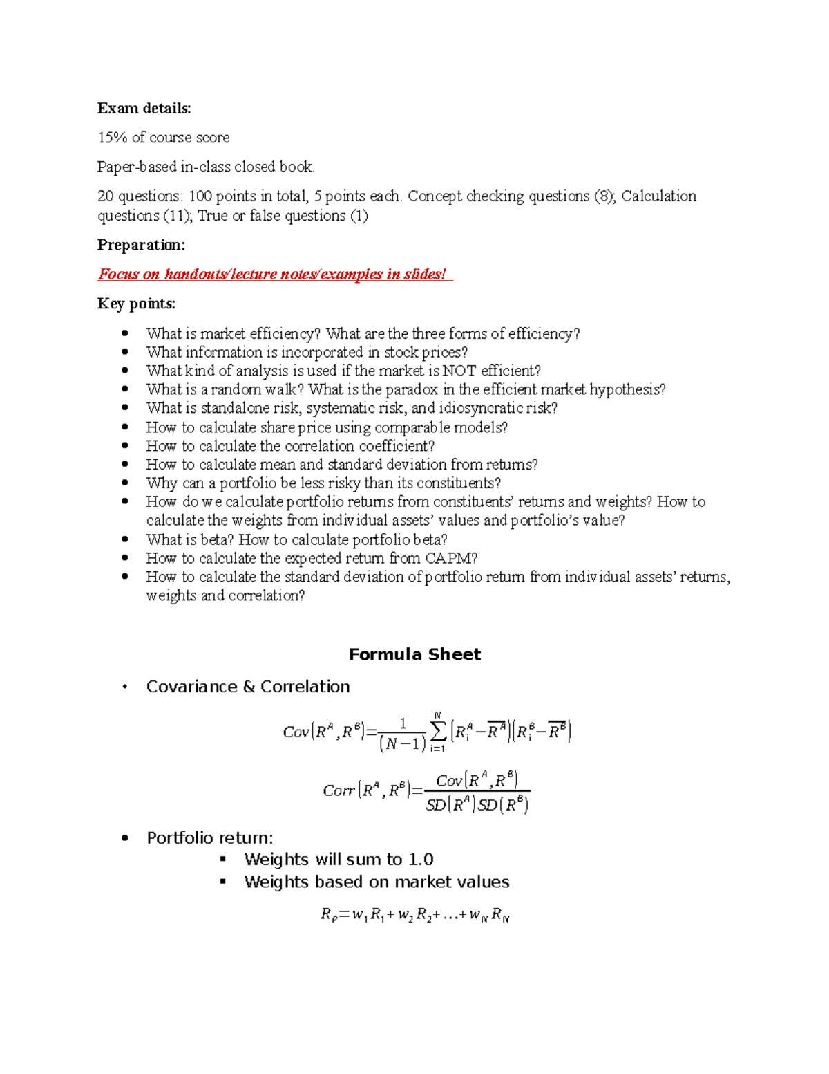 Exam 3 Review Session Note (Key Points and Formula Sheet) copy - Exam ...