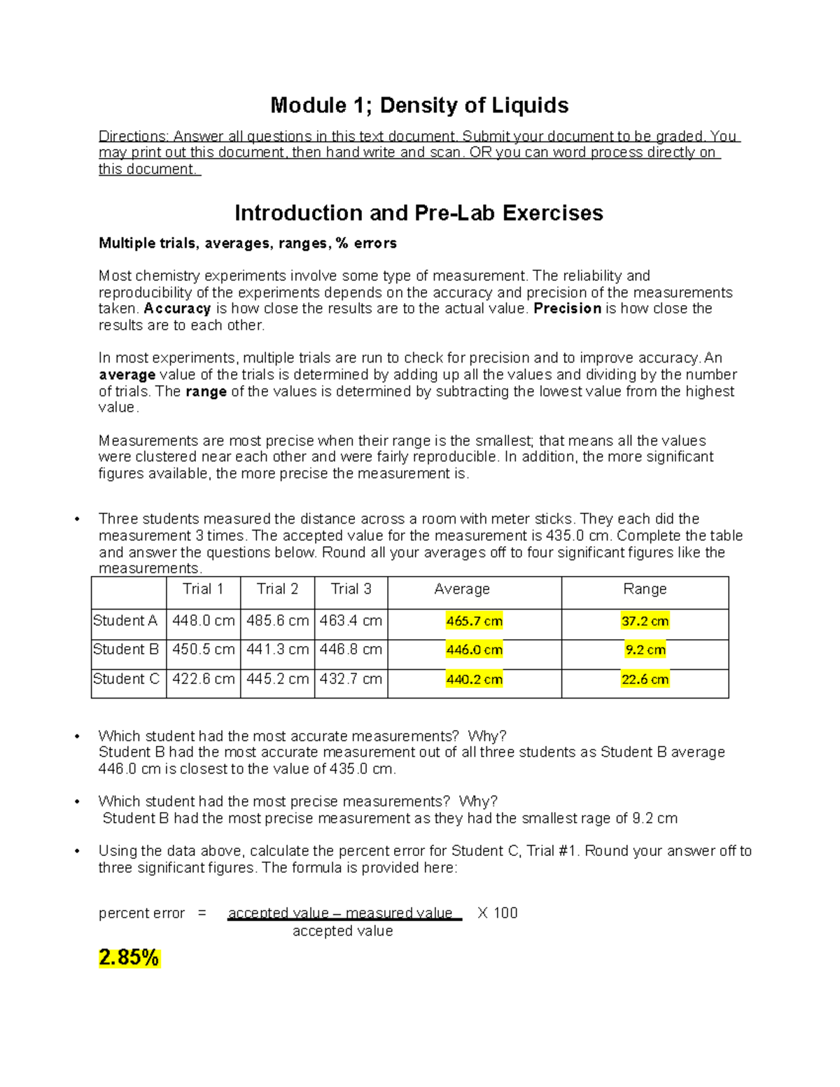 Module 1 Density of Liquids - Module 1; Density of Liquids Directions ...