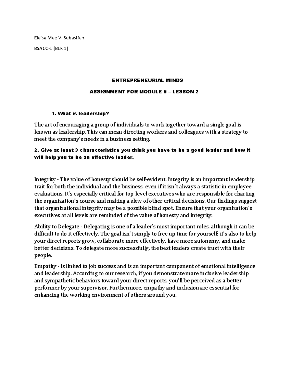 Assignment Module 5 - Lesson 2 - Elaisa Mae V. Sebastian BSACC-1 (BLK 1 ...