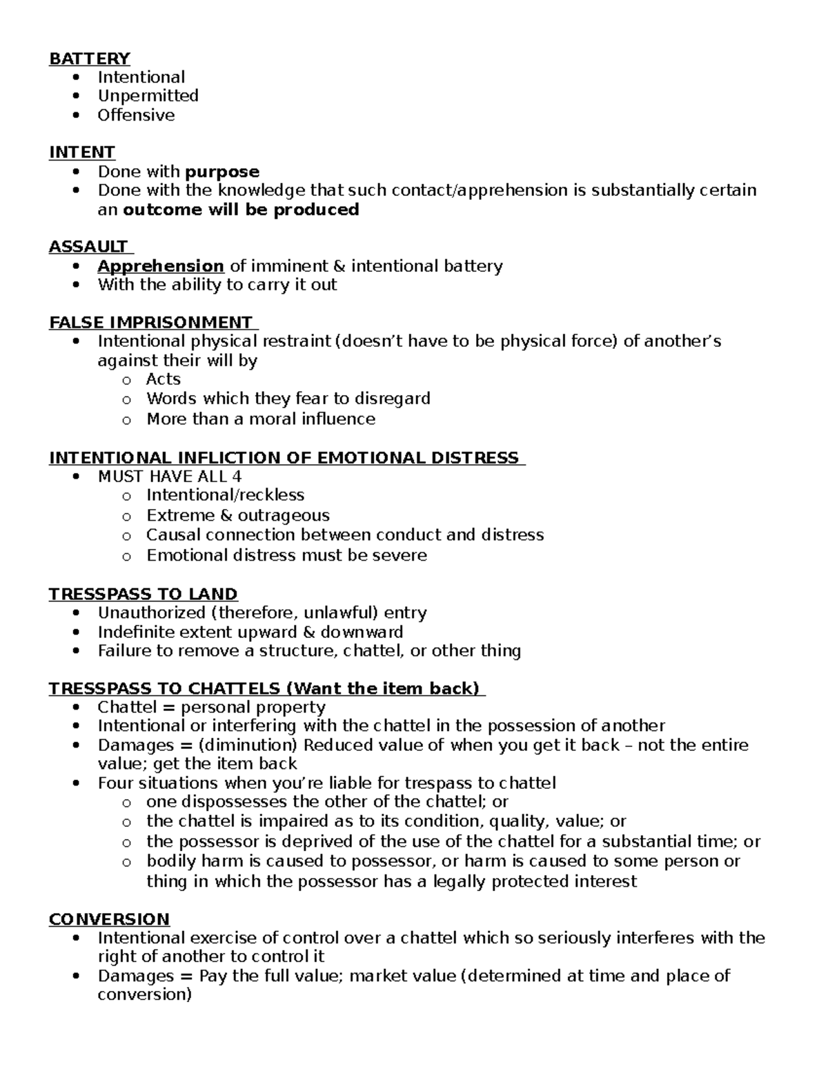 Torts Checklist - BATTERY Intentional Unpermitted Offensive INTENT Done ...