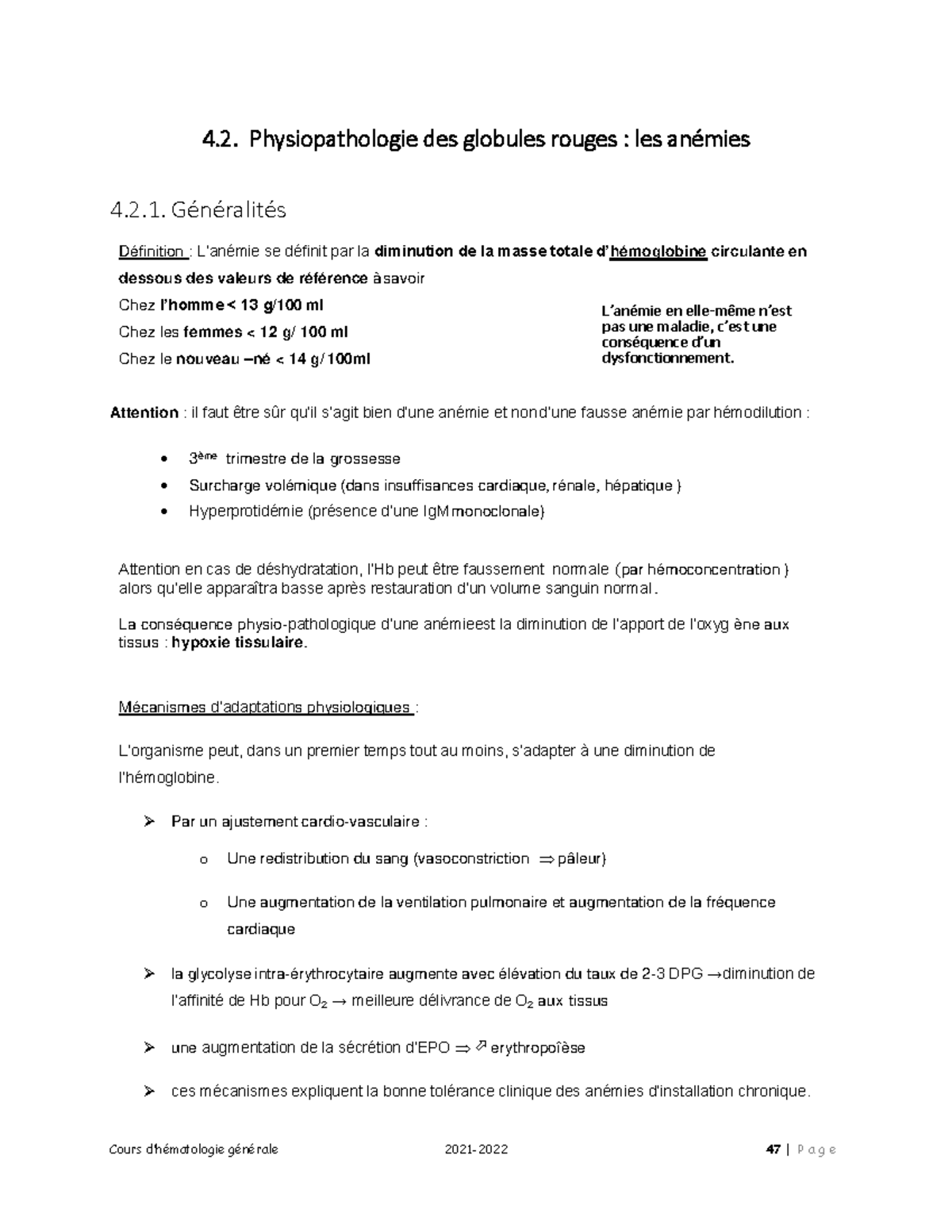 Cours hematologie générale partie II 2021-2022 - 4. 2. Physiopathologie ...