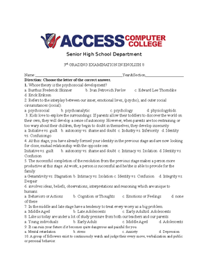 PERSONALITY DEVELOPMENT TEST - Senior High School Department 2 nd ...