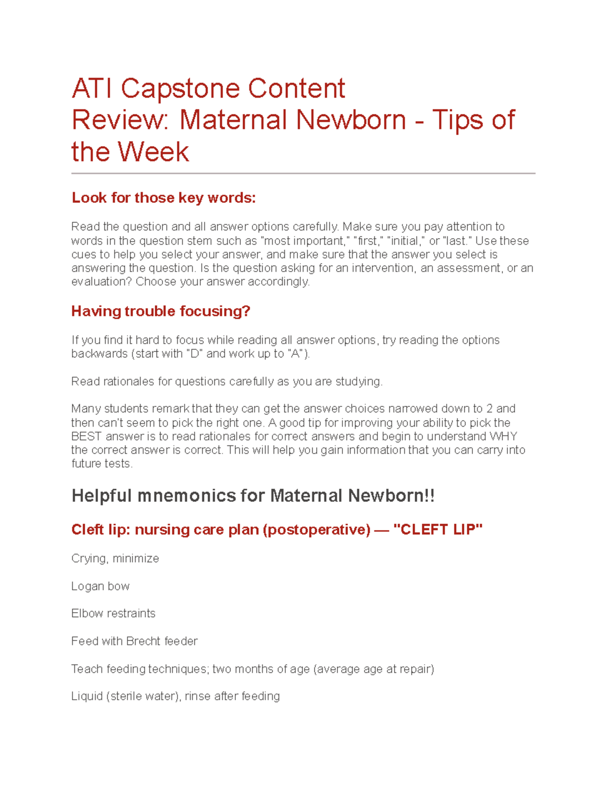 Maternal Newborn Capstone - ATI Capstone Content Review: Maternal ...