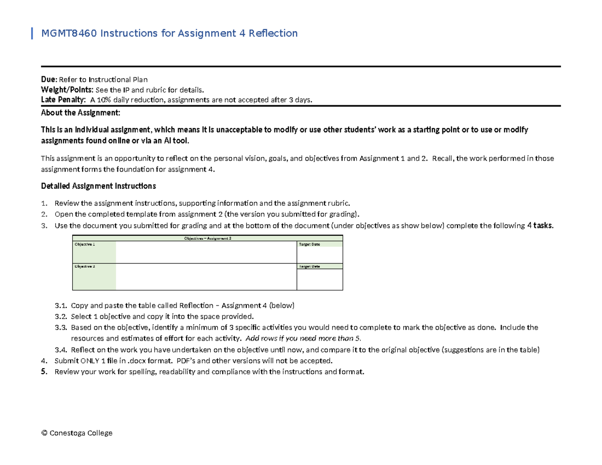 Assignment 4 Reflection Instructions - MGMT8460 Instructions for ...