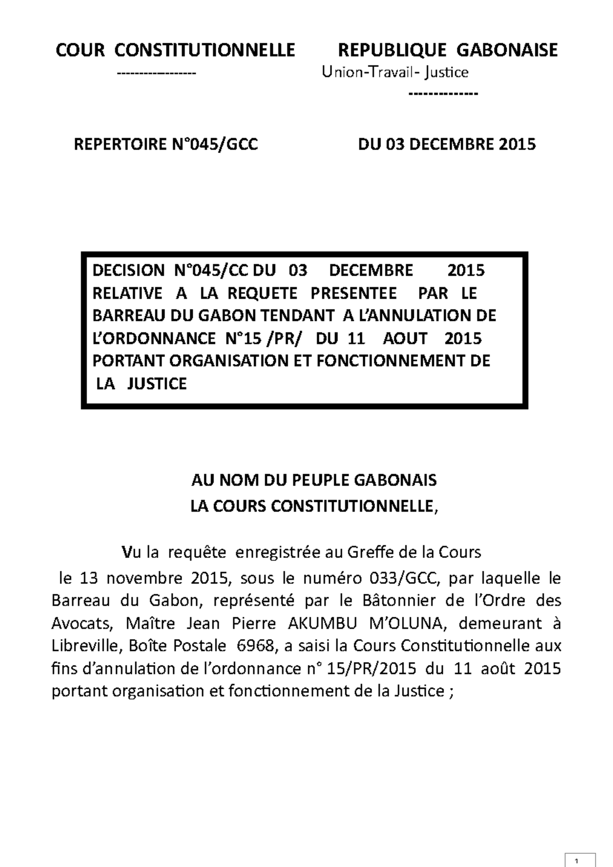 Decisions COUR Constitutionnelle Gabonaise - COUR CONSTITUTIONNELLE ...