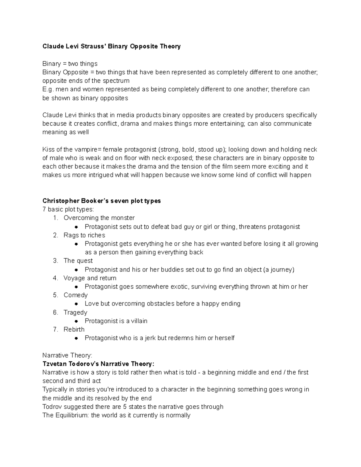 Narrative Theory Notes - Claude Levi Strauss' Binary Opposite Theory ...