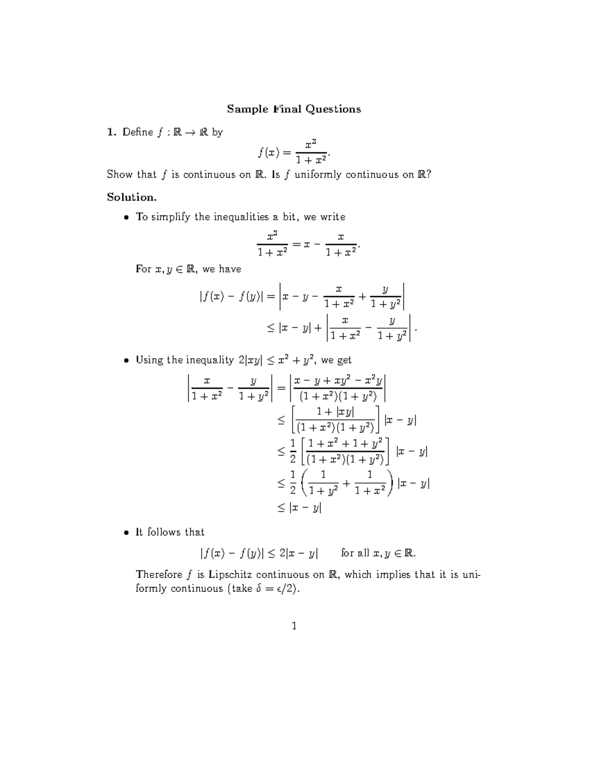 Real Analysis Sample Final Questions - Real Analysis Math 125A, Fall 2012 Sample Final Questions ...